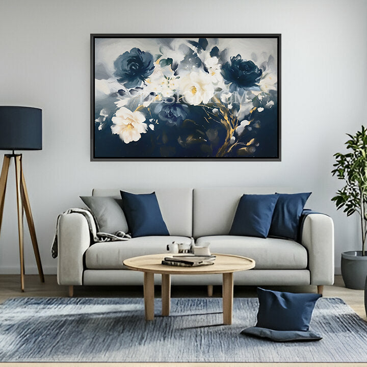 Tableau floral moderne bleu et blanc. Décoration élégante pour salon ou ...