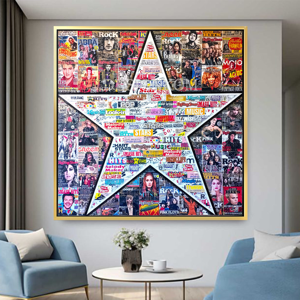 Tableau Pop Art Étoile – Icônes de Musique et Collage Vintage – Designkom